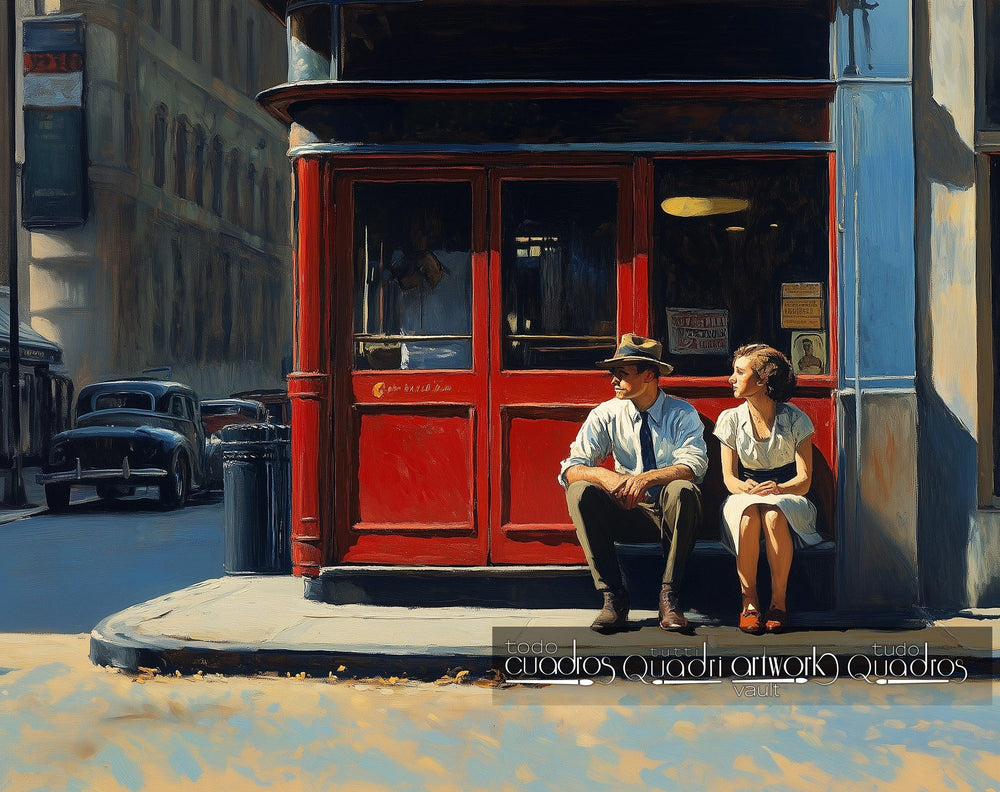 The Shared Waiting, oil painting in modern Hopper style