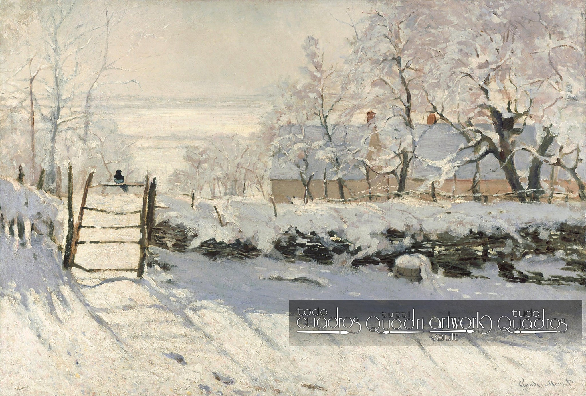 Painting "The Magpie" by Monet, snow landscape with bird.