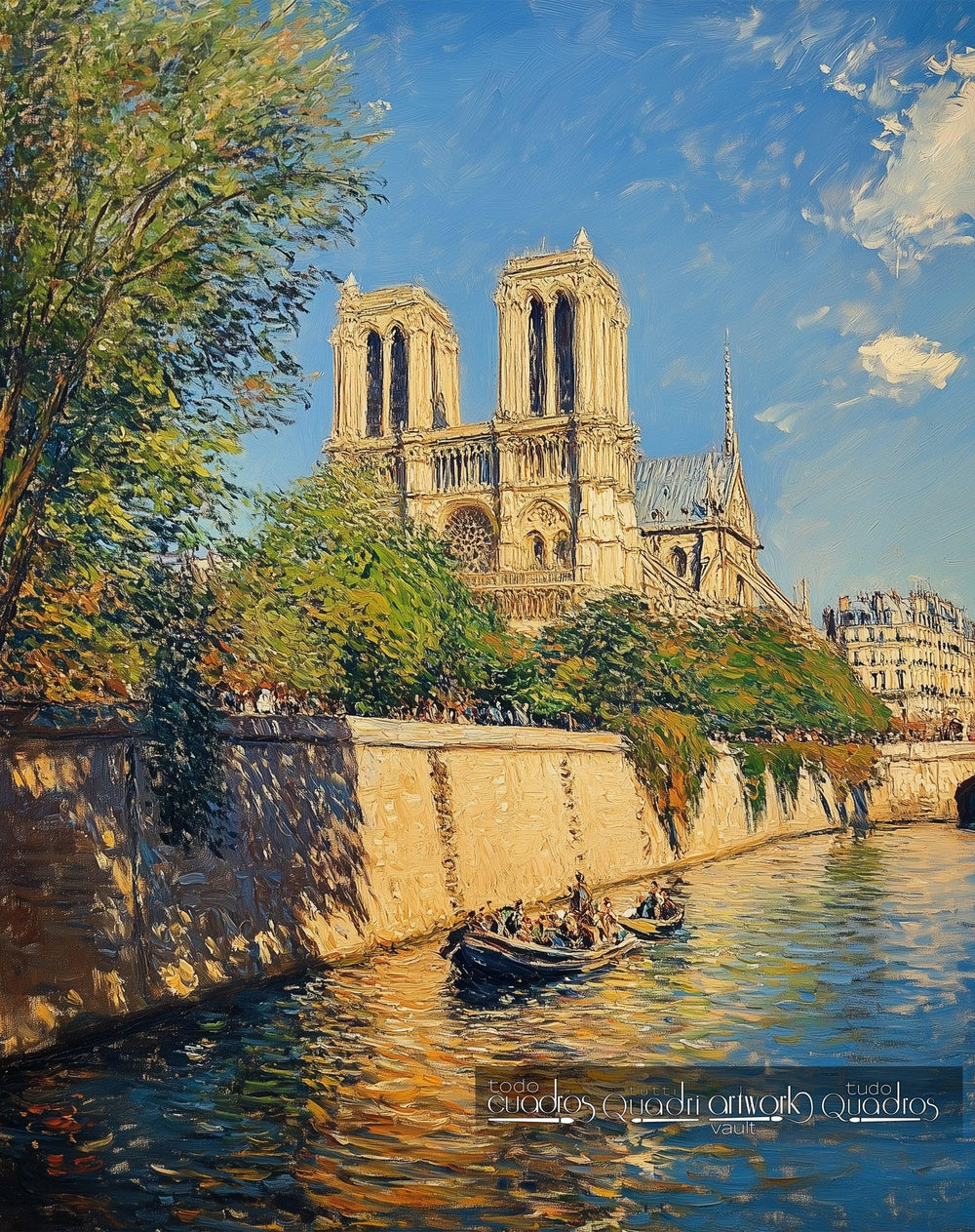 Boat Ride Under Notre-Dame, Modern Monet-Style Oil Painting