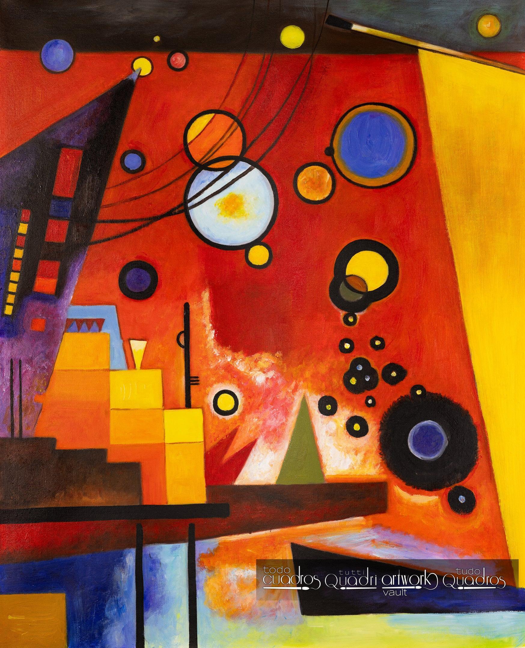 "Heavy Red" by Kandinsky, painting of circles and squares, reproduction.